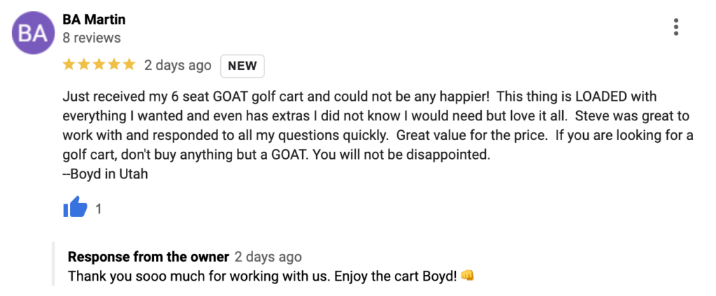 Reviews - GOAT Custom Golf Carts